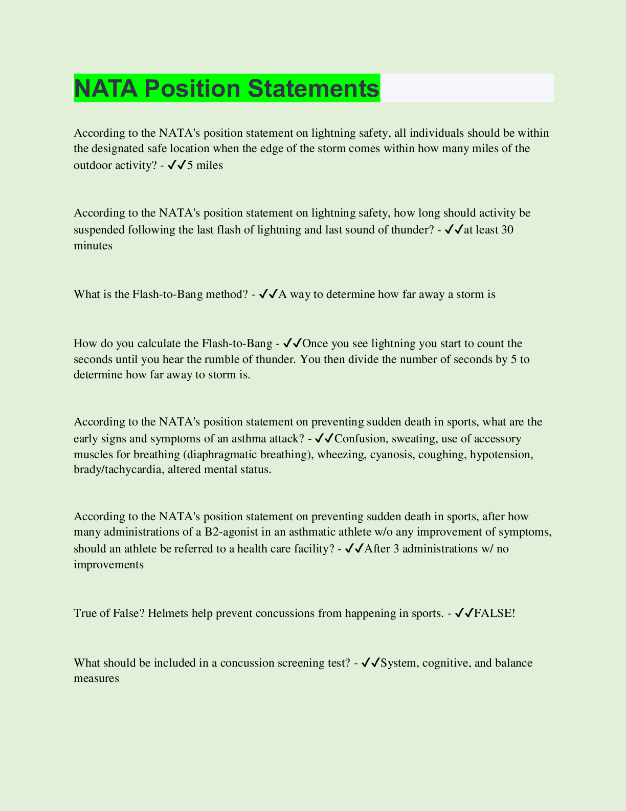 NATA Position Statements | 40 Questions with 100% Correct Answers | Updated & Verified ...